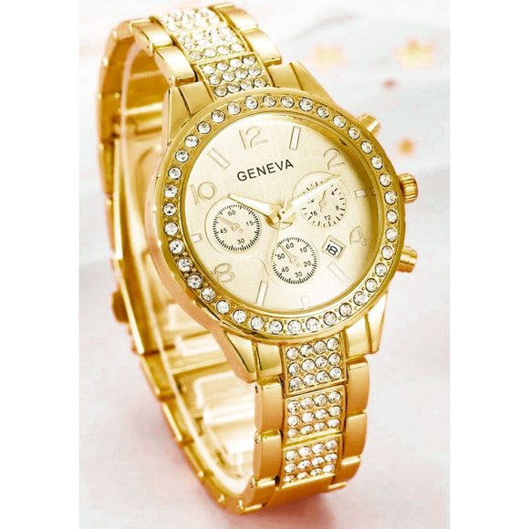 Geneva | Accessories | Gold Floating Crystal Calendar Geneva Ss Watch ...